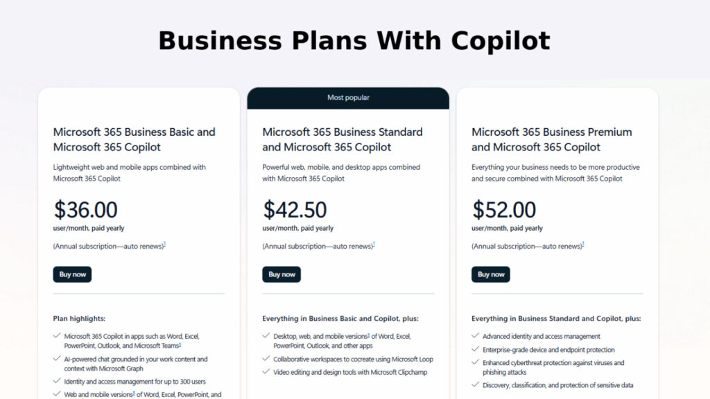 เปรียบเทียบ Microsoft 365 Business Plans Pricing with Copilot